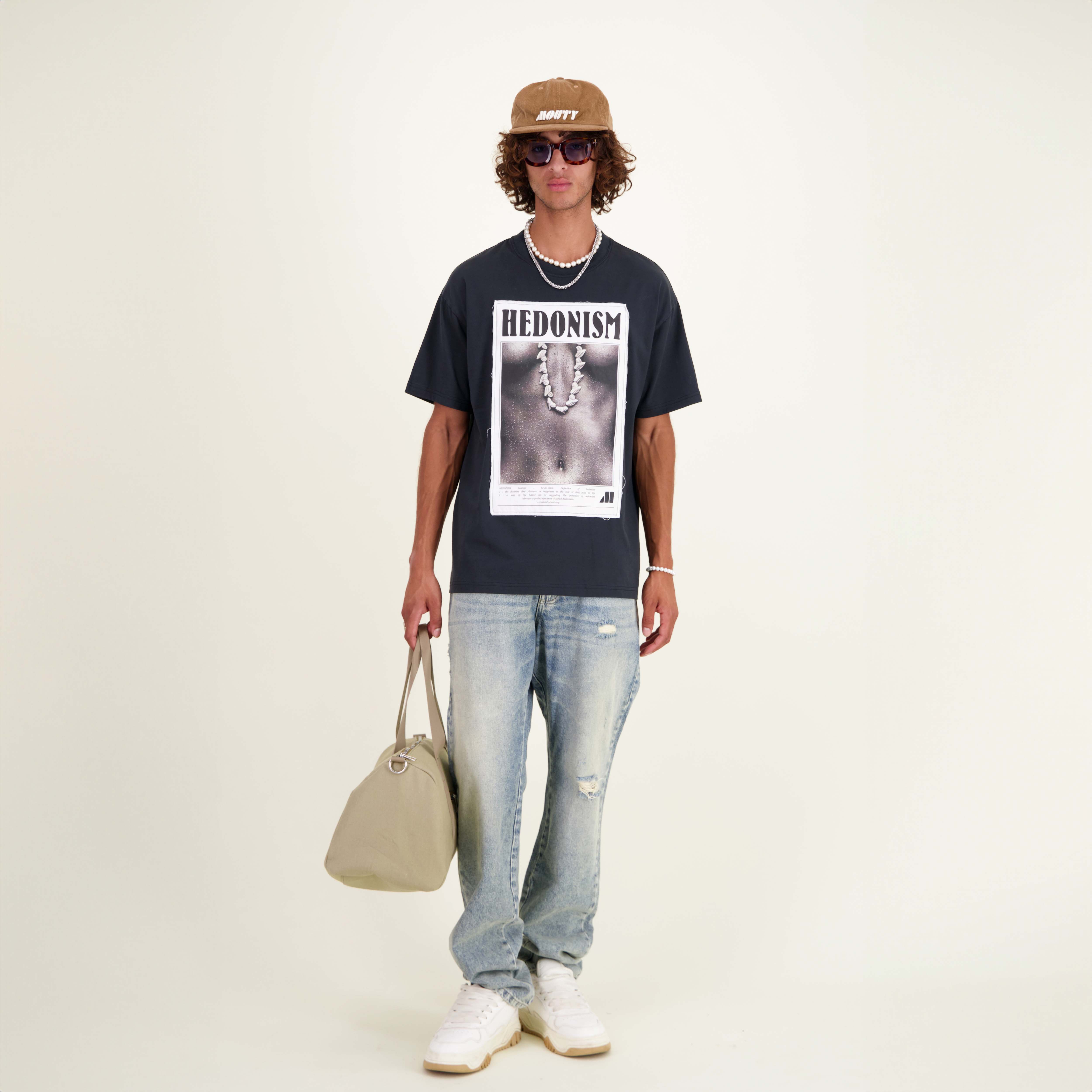 Black round-neck cotton t-shirt with printed design for men - Hedonism ...